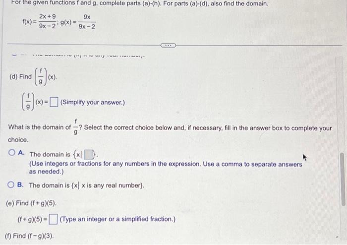 Solved For the given functions f and g, complete parts | Chegg.com