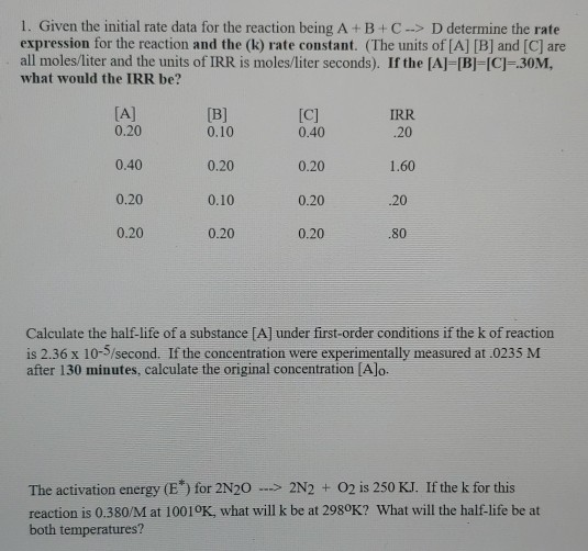 Solved 1. Given the initial rate data for the reaction being | Chegg.com