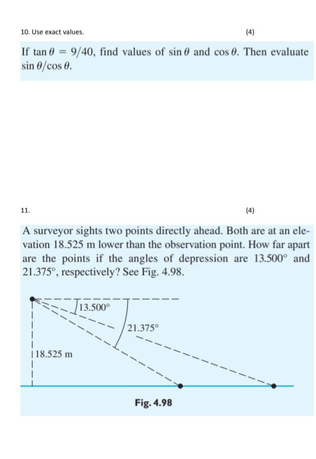 Solved If \\( \\tan \\theta=9 / 40 \\), find values of \\( | Chegg.com