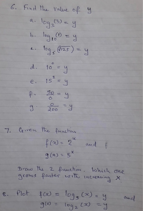 Solved 6. Find the value of y a. log, 3) = y b. log, = y log | Chegg.com