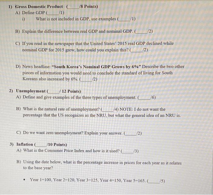 Solved 1) Gross Domestic Product ( P Points ) A) Define GDP | Chegg.com