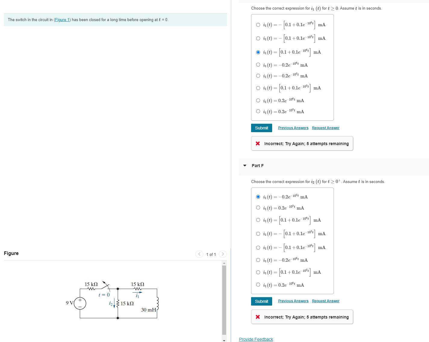 Solved Choose the correct expression for i1(t) ﻿for t≥0. | Chegg.com