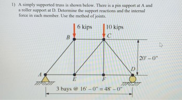 Solved 1) A simply supported truss is shown below. There is | Chegg.com