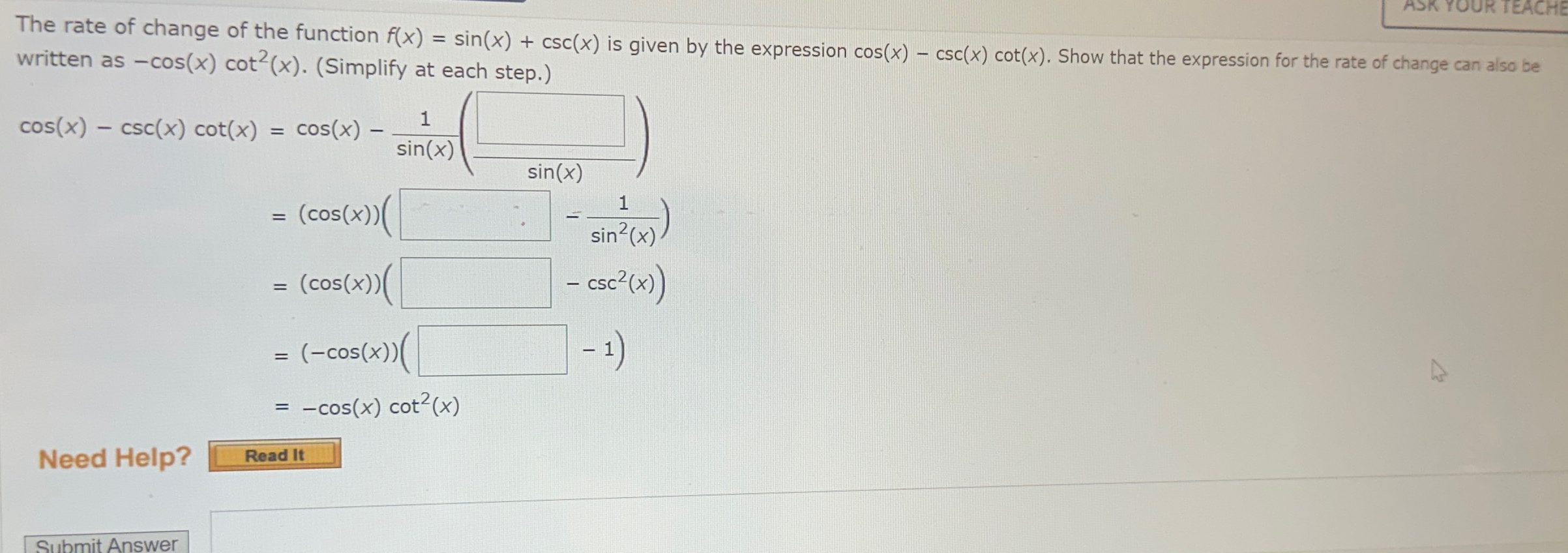 The rate of change of the function f(x)=sin(x)+csc(x) | Chegg.com