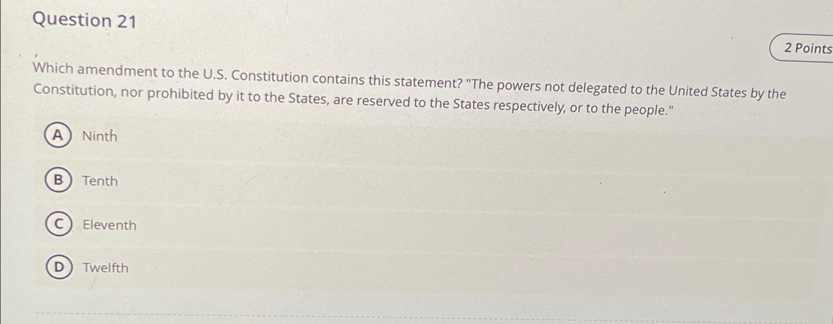 Solved Question 212 PointsWhich amendment to the U.S. | Chegg.com Solved Question 212 PointsWhich amendment to the U.S. | Chegg.com