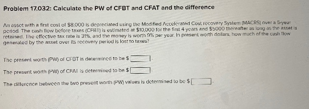 Solved Problem 17.032: Calculate the PW of CFBT and CFAT and | Chegg.com