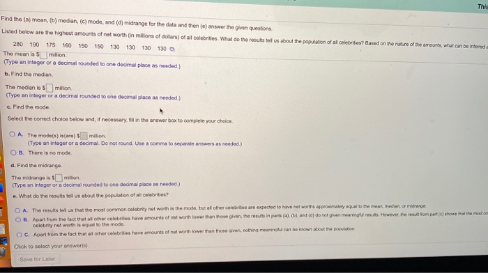 Solved This Find the (a) mean, (b) median, (c) mode, and (d) | Chegg.com