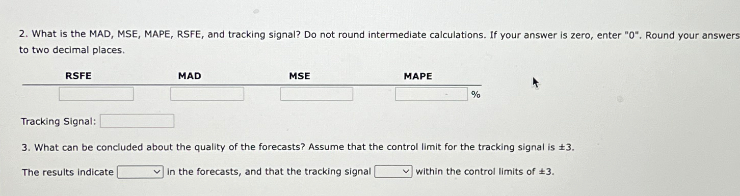Solved What is the MAD, MSE, MAPE, RSFE, and tracking | Chegg.com