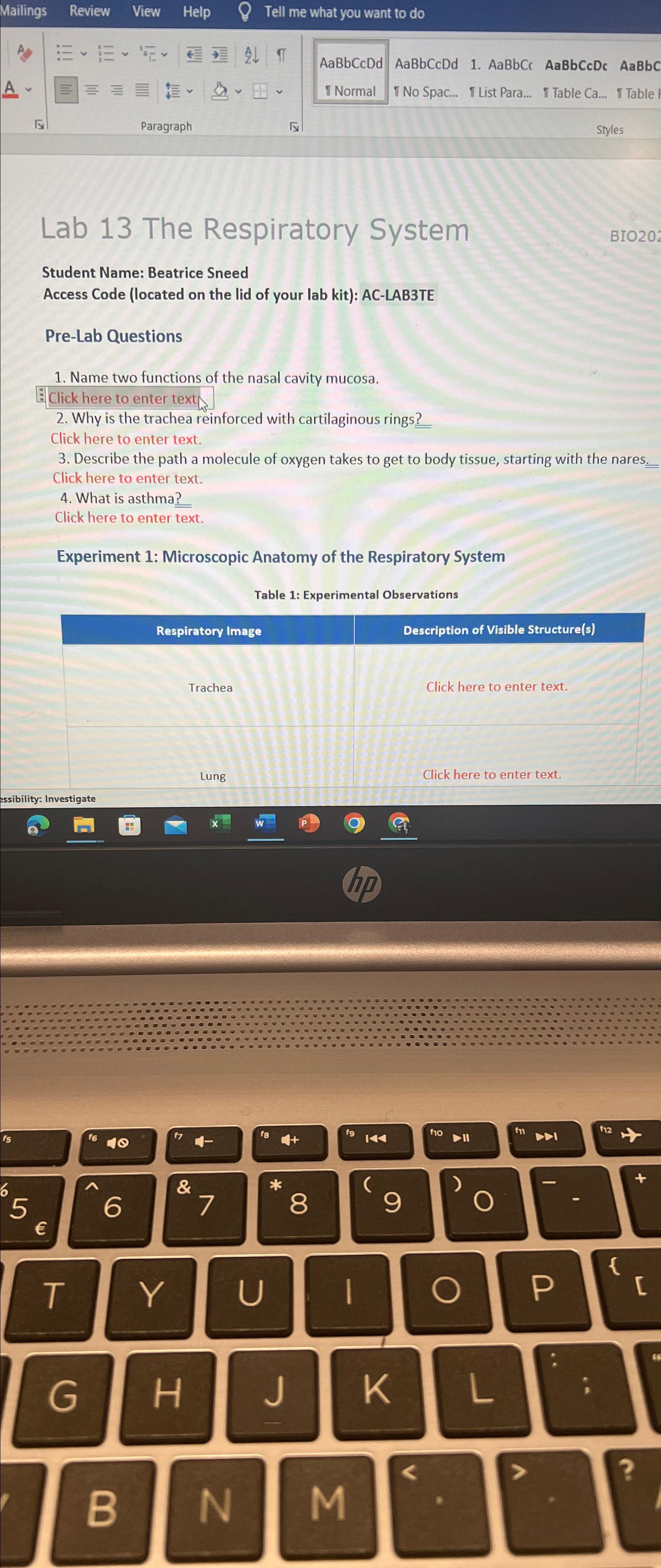 Solved Lab 13 ﻿The Respiratory SystemBIO20Student Name: | Chegg.com