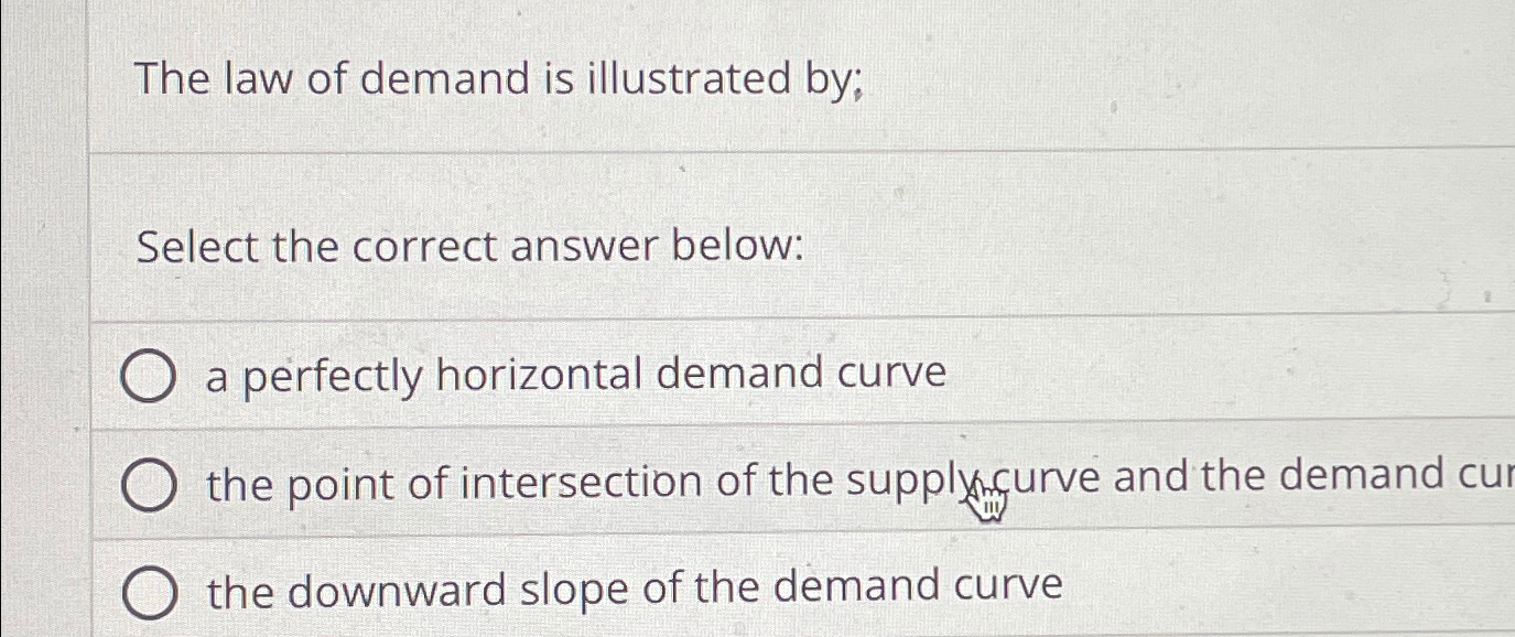Solved The law of demand is illustrated by;Select the | Chegg.com