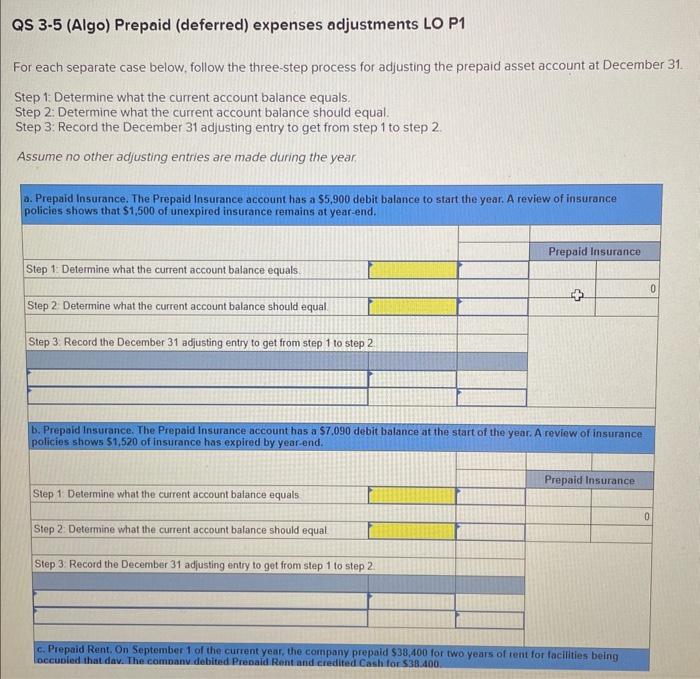 Solved QS 3-5 (Algo) Prepaid (deferred) expenses adjustments | Chegg.com