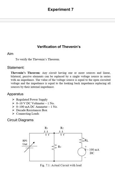 Solved Experiment 7 Verification of Thevenin's Aim To verify | Chegg.com
