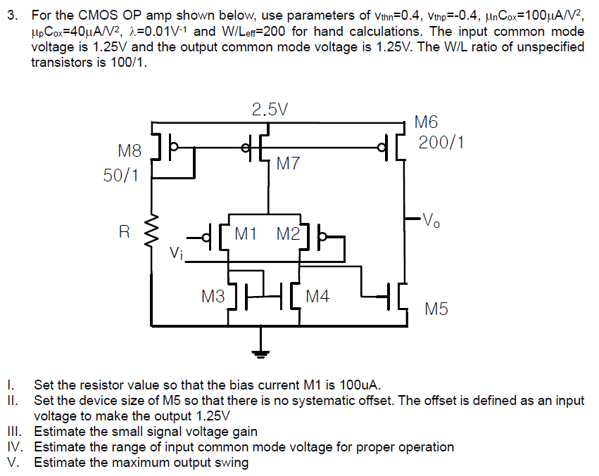 Solved For the CMOS OP amp shown below, use parameters of | Chegg.com