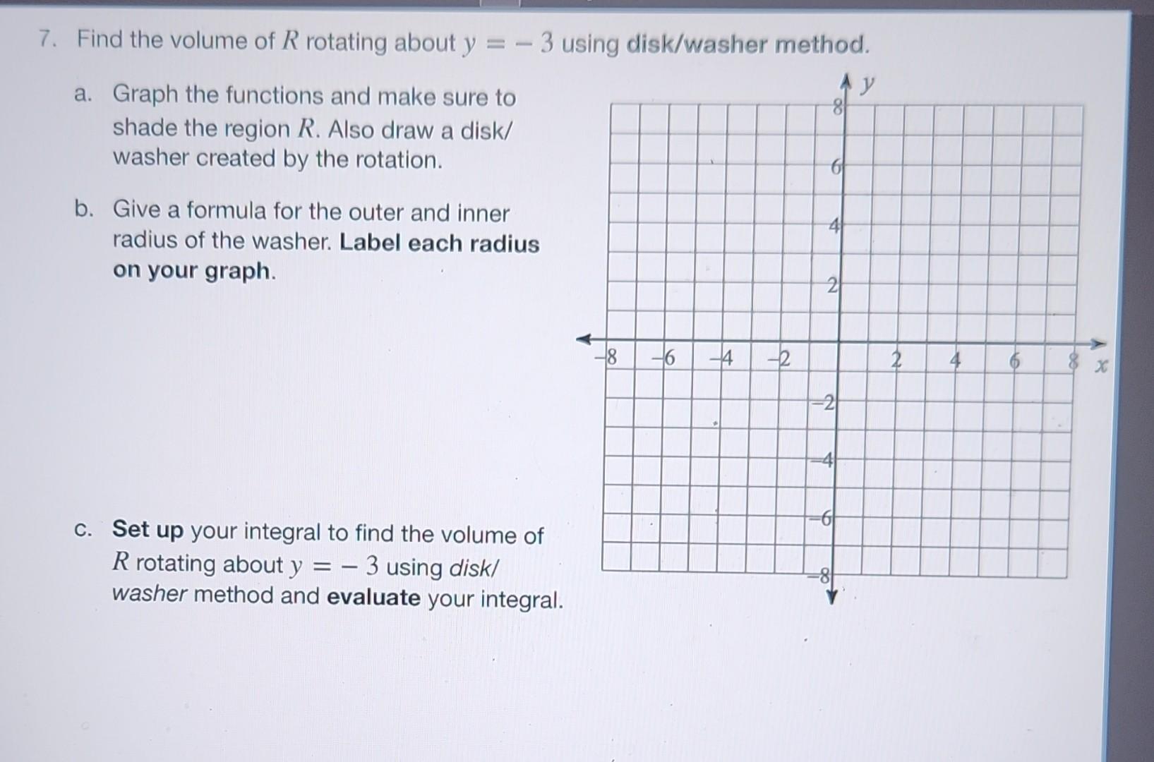 Solved 7. Find the volume of R rotating about y=−3 using | Chegg.com