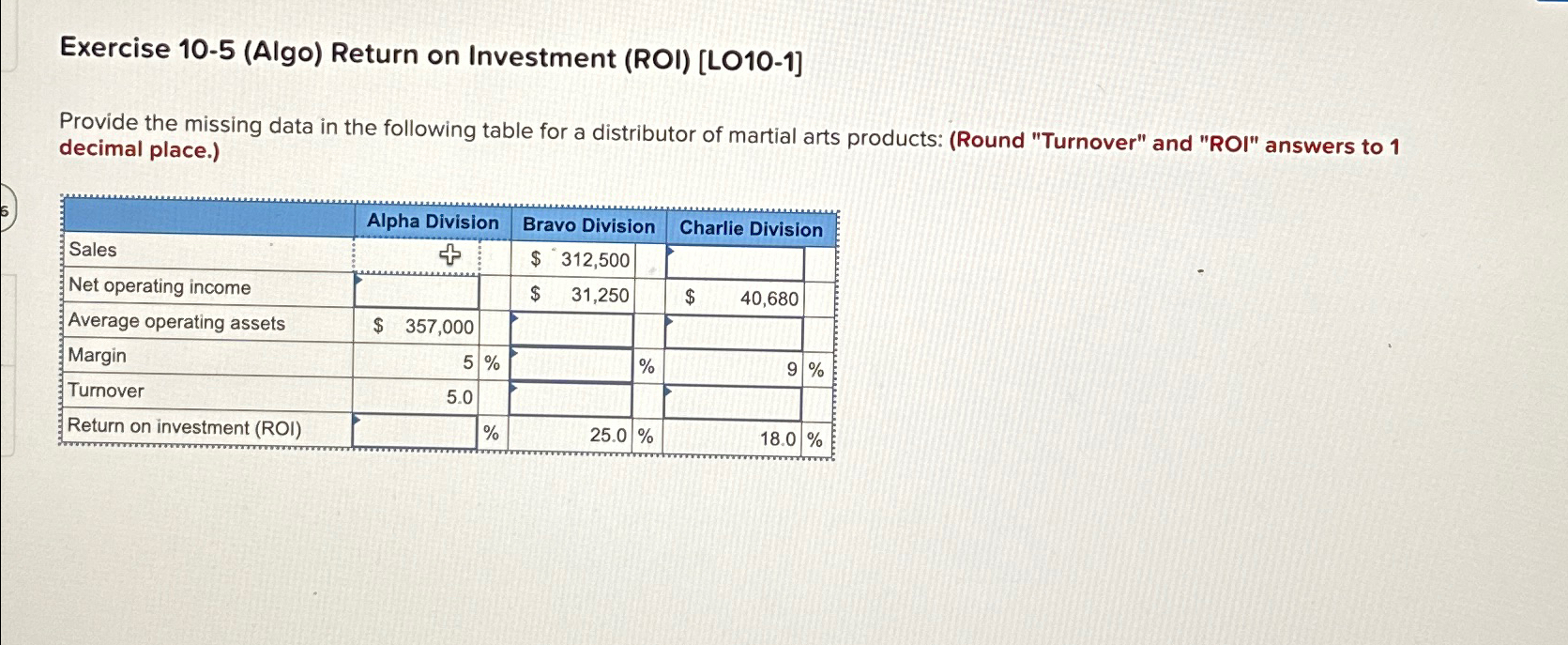 Solved Exercise 10-5 (Algo) ﻿Return on Investment | Chegg.com