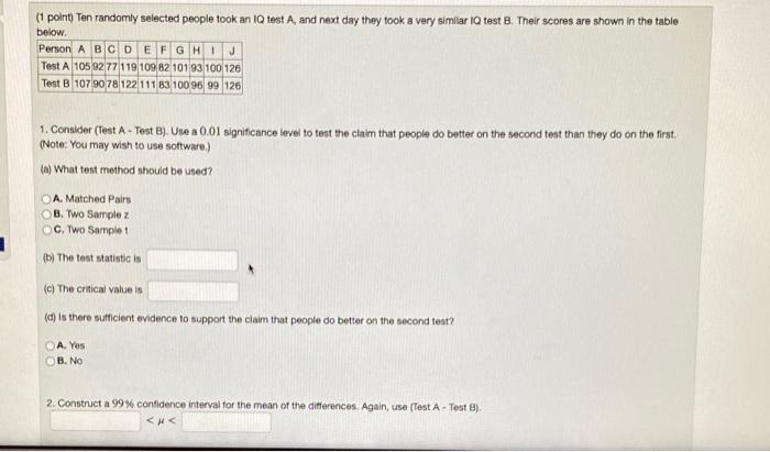 Solved (1 point) Ten randomly selected people took an IQ | Chegg.com