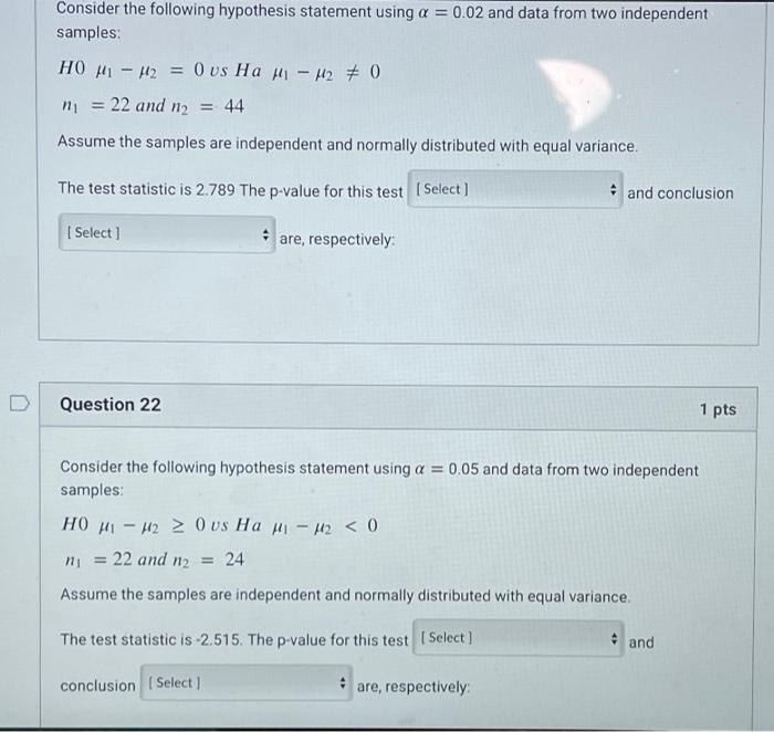 Solved Consider the following hypothesis statement using a = | Chegg.com