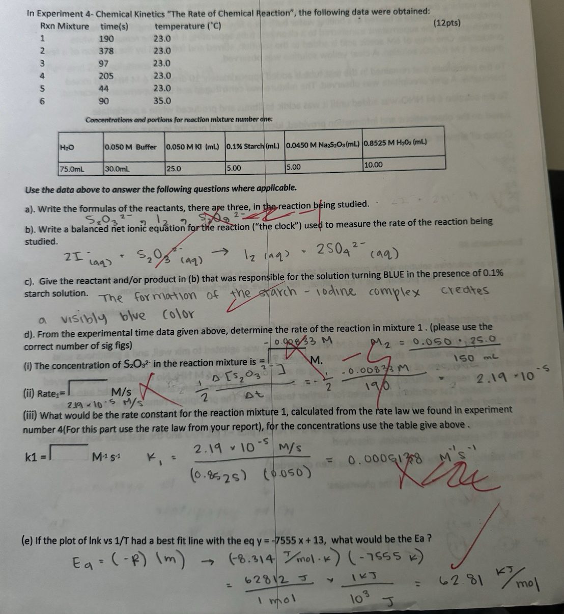 Solved In Experiment 4-Chemical Kinetics "The Rate of | Chegg.com