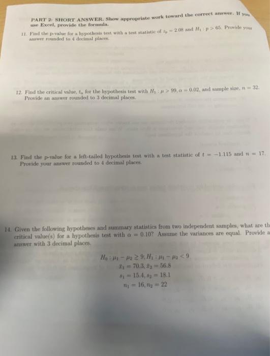 Solved PART 2: SHORT ANSWER, Show appropriate work toward | Chegg.com