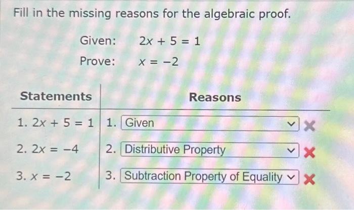 Solved Fill in the missing reasons for the algebraic proof. | Chegg.com