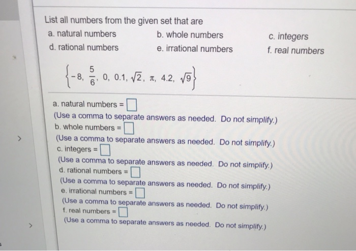 Solved List all numbers from the given set that are a. | Chegg.com