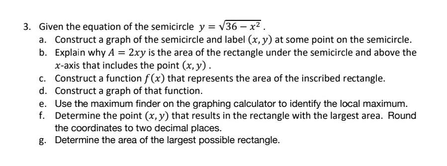 Solved 3. Given the equation of the semicircle y = V36 – x2 | Chegg.com