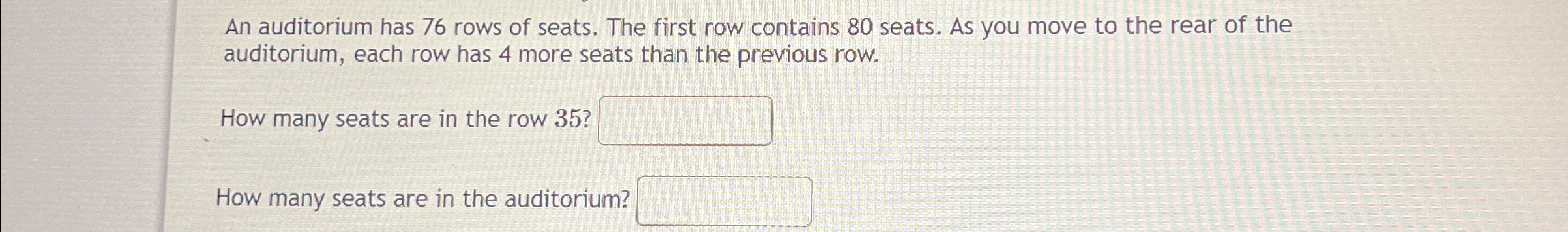Solved An auditorium has 76 ﻿rows of seats. The first row | Chegg.com