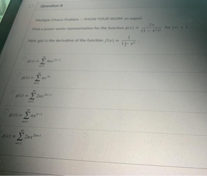 Solved Questions Multiple Choice Problem SHOW YOUR WORK on | Chegg.com