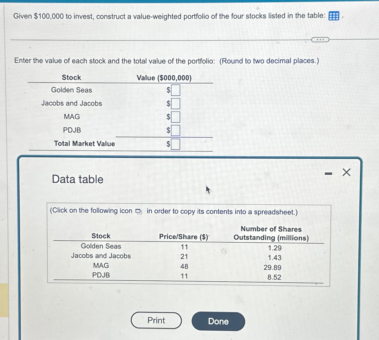 Solved Given $100,000 ﻿to invest, construct a value-weighted | Chegg.com