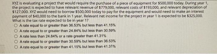 Solved XYZ is evaluating a project that would require the | Chegg.com