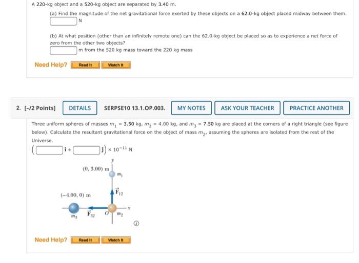 Solved A 220-kg object and a 520-kg object are separated by | Chegg.com