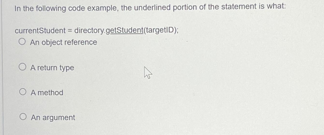 Solved In the following code example, the underlined portion | Chegg.com