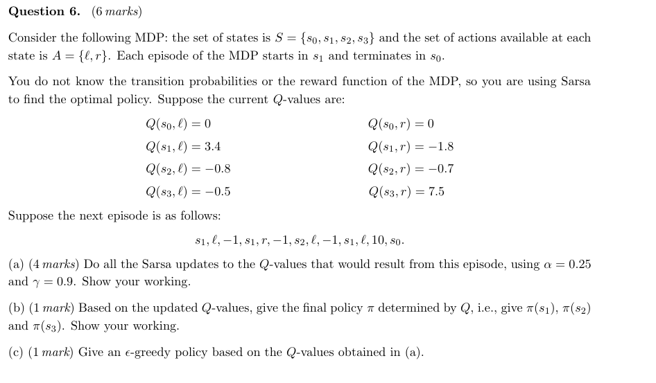 Solved Question 6 6 ﻿marksconsider The Following Mdp The 0812