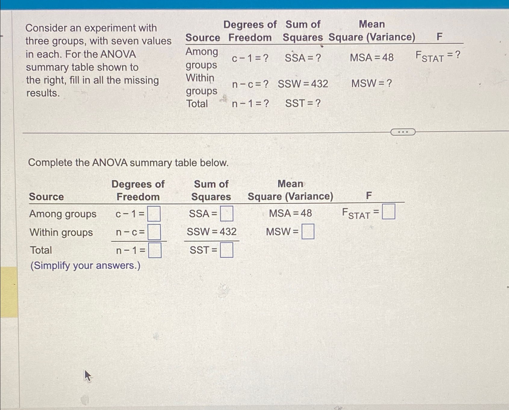 Solved Consider an experiment with three groups, with seven | Chegg.com