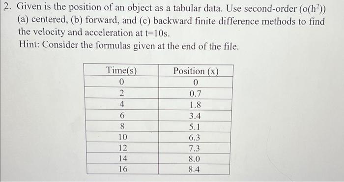 Solved Given is the position of an object as a tabular data. | Chegg.com