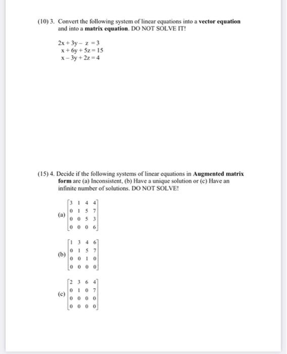 Solved (10) 3. Convert the following system of linear | Chegg.com