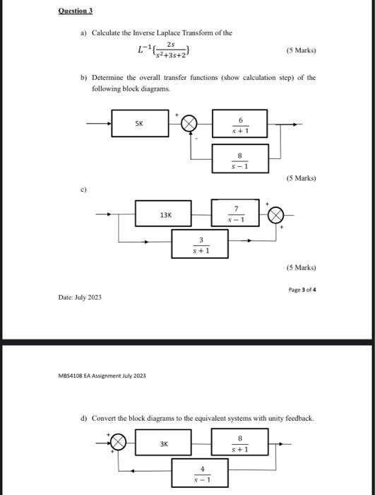 Solved a) Calculate the Inverse Laplace Transform of the | Chegg.com