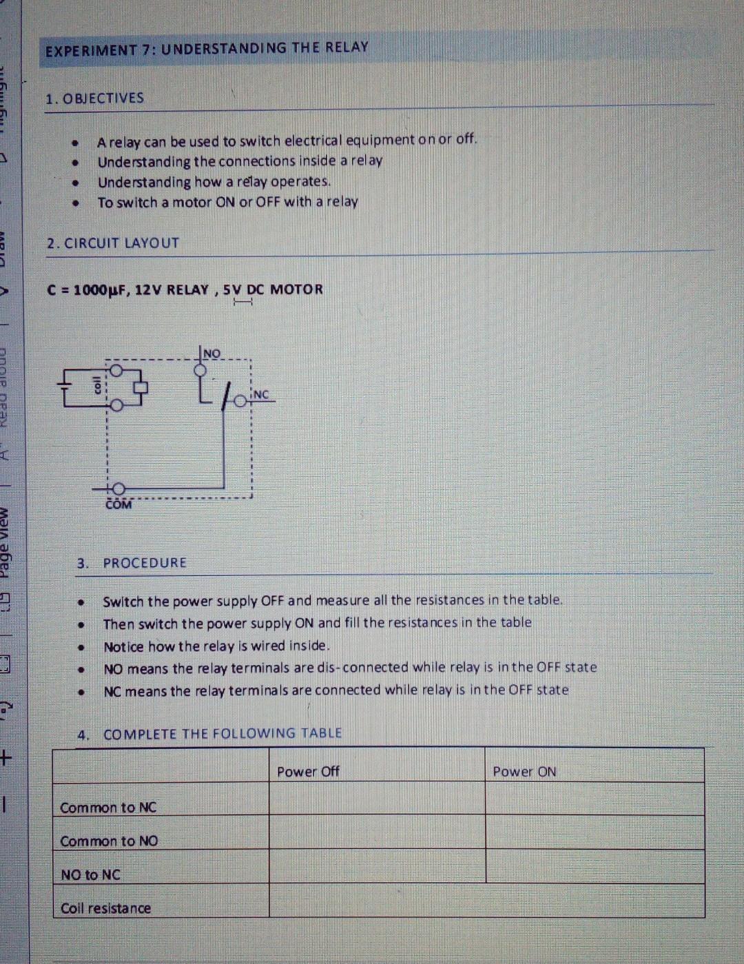 EXPERIMENT 7: UNDERSTANDING THE RELAY 1. OBJECTIVES A | Chegg.com
