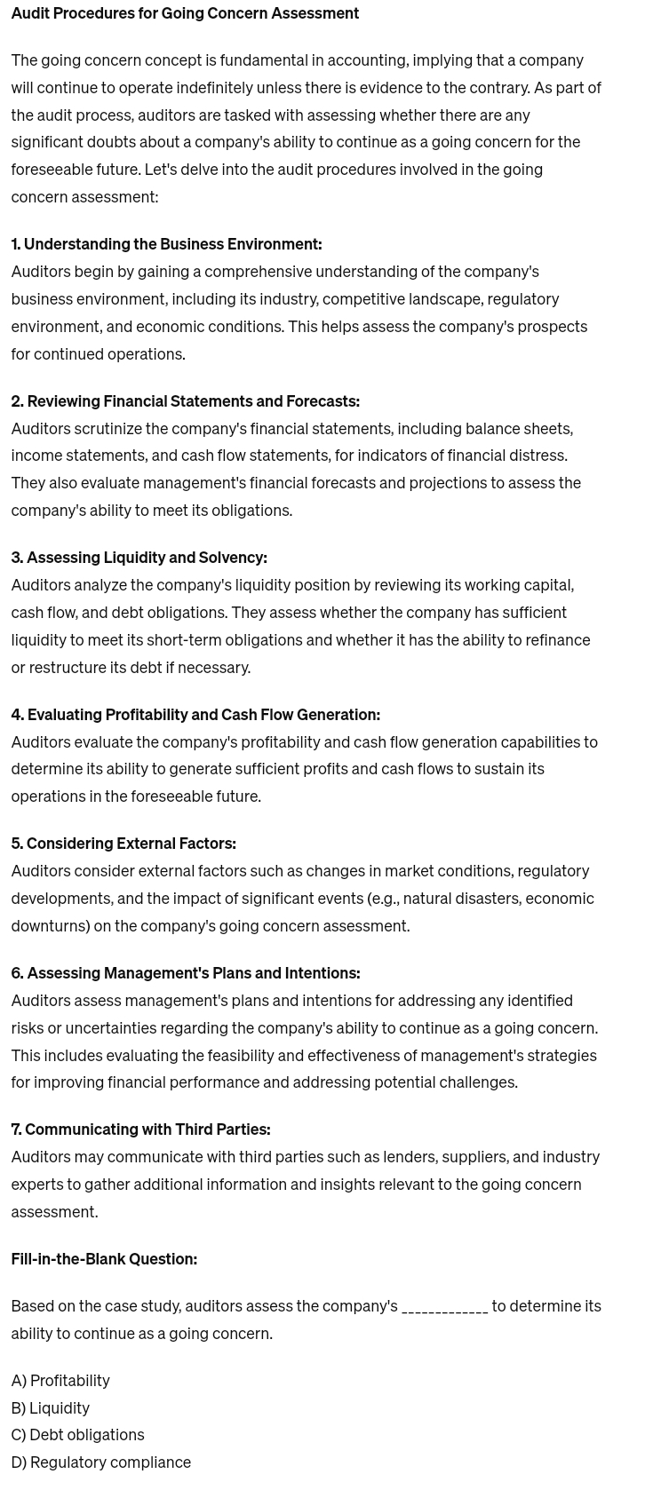 Solved Audit Procedures for Going Concern AssessmentThe | Chegg.com