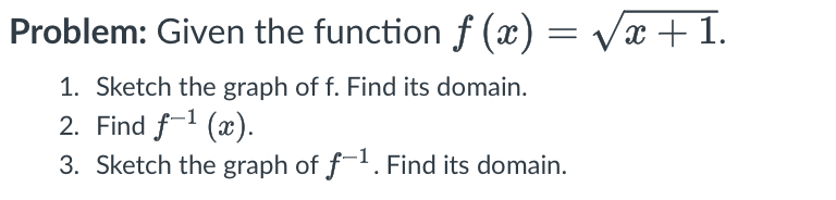 [Solved]: Problem: Given the function f(x)= sqrt(x+1). Sket
