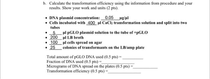Solved b. Calculate the transformation efficiency using the | Chegg.com