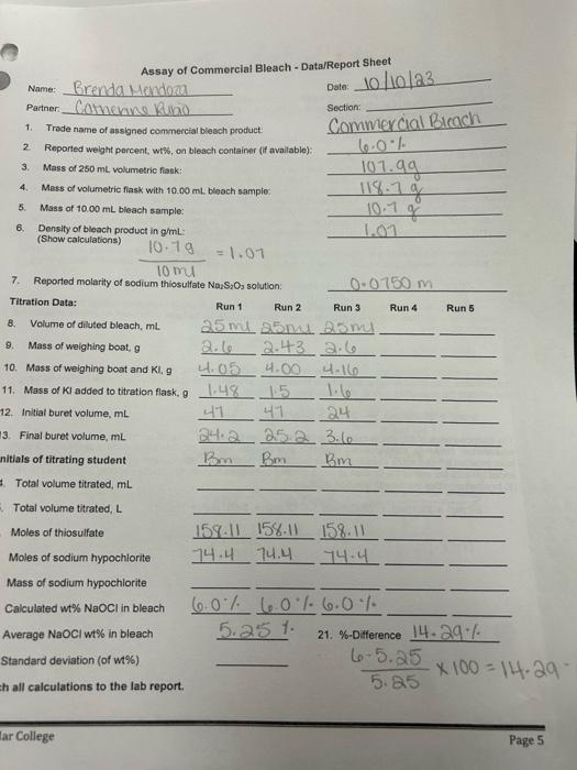 Assay of Commercial Bleach - Data/Report sheet Name: | Chegg.com