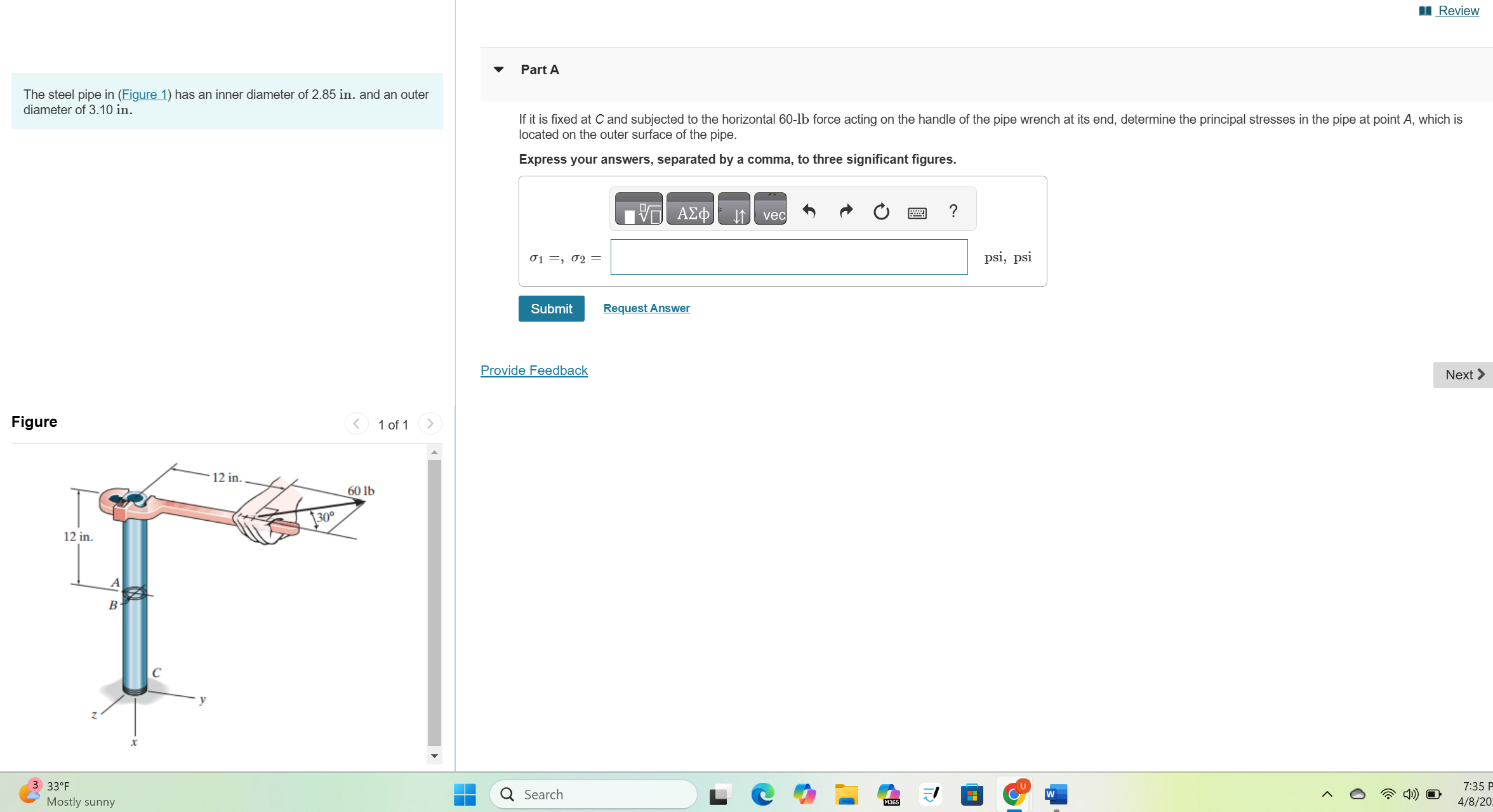 Solved The steel pipe in (Figure 1) ﻿has an inner diameter | Chegg.com