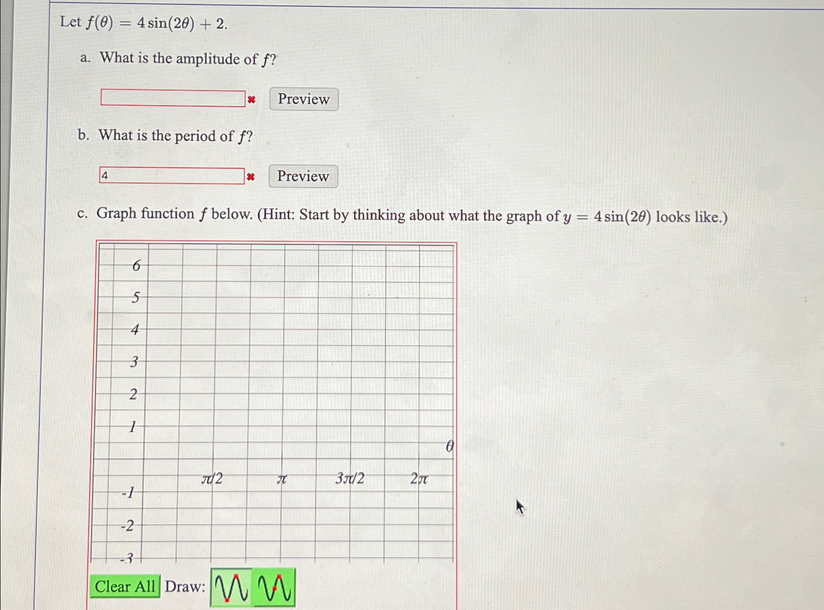 Solved Let f(θ)=4sin(2θ)+2.a. ﻿What is the amplitude of | Chegg.com