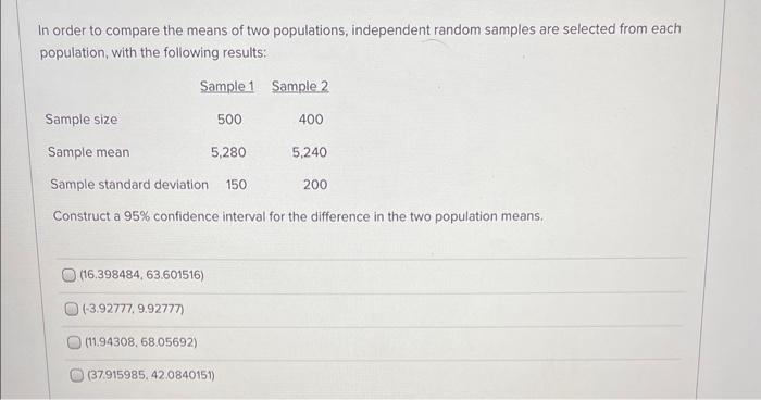 Solved In order to compare the means of two populations, | Chegg.com