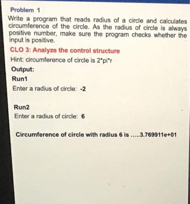 Solved Problem 1 Write A Program That Reads Radius Of A