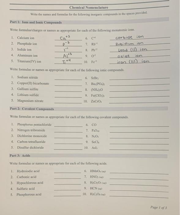 Solved Please help with my nomenclature worksheet. Im | Chegg.com