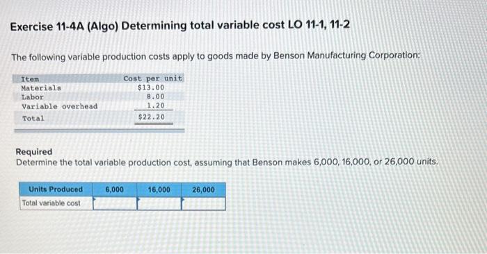 Solved Exercise 11-4A (Algo) Determining total variable cost | Chegg.com
