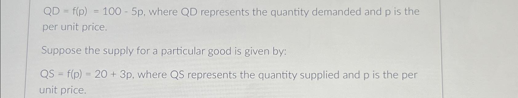 Solved QD=f(p)=100-5p, ﻿where QD ﻿represents the quantity | Chegg.com