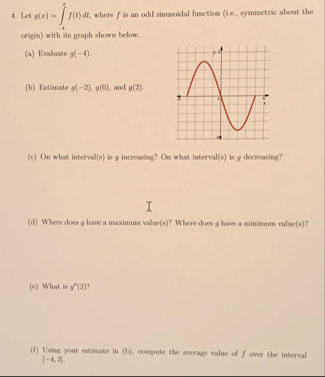 Solved Let g(x)=∫-1nf(t)dt, ﻿where f ﻿is an odd sinusoidal | Chegg.com